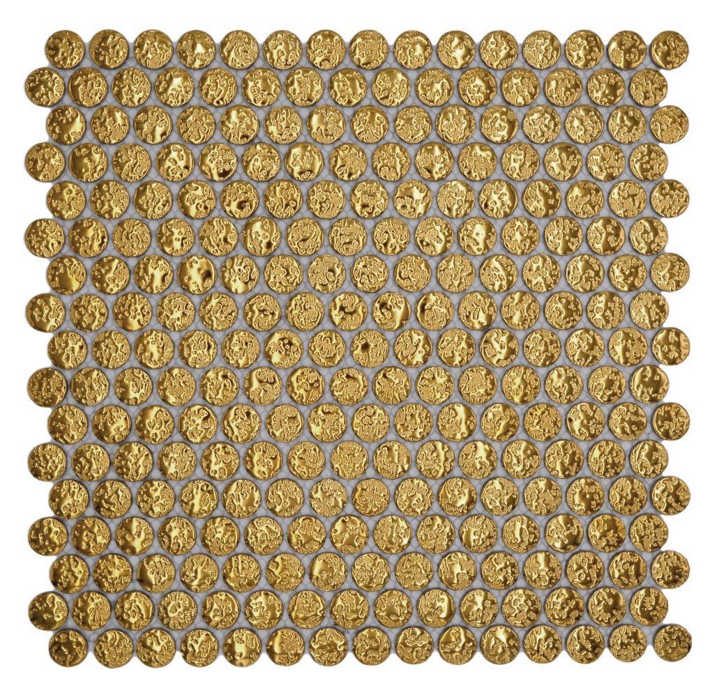Keramik Mosaikfliese Knopf Loop Penny Rund uni gold gehämmert MOS10-07